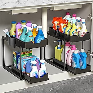 VerkTop Under Sink Organizer, 2-Tier Sliding Under Bathroom Cabinet Storage Drawer Organizer with Hooks,Hanging Cup,Multi-purpose Under Sink Shelf Organizer for Bathroom Kitchen(2pcs)