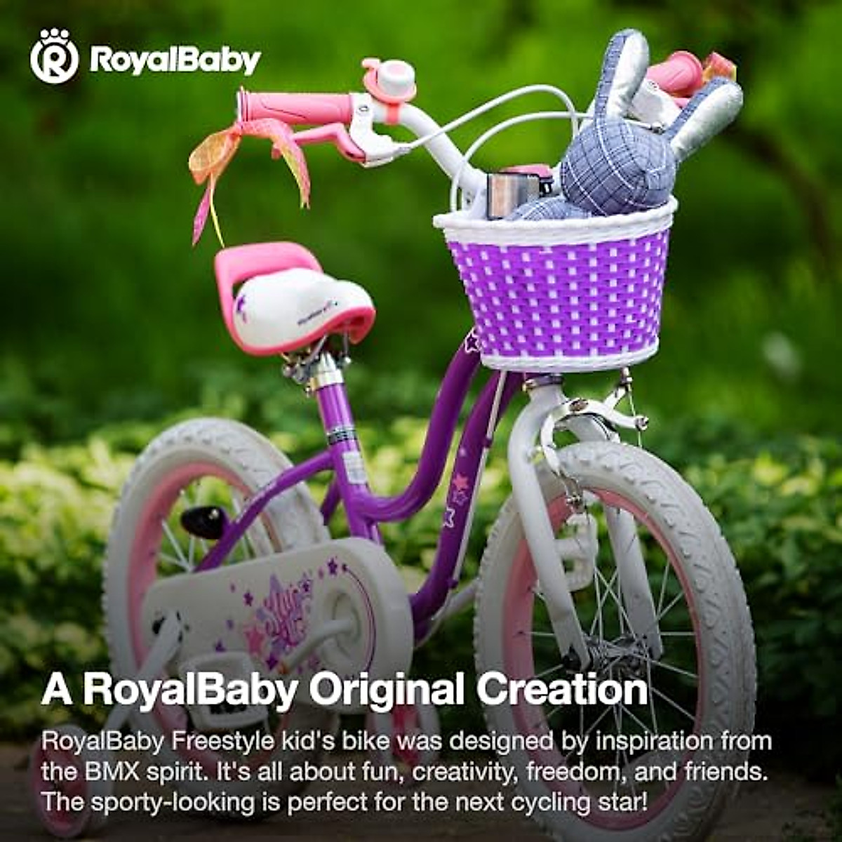 RoyalBaby Stargirl 14 Inch Kids Outdoor Bicycle with Accessory Basket, Bell, Thick Wheels, and Safety Training Wheels for Ages 3-5, Purple
