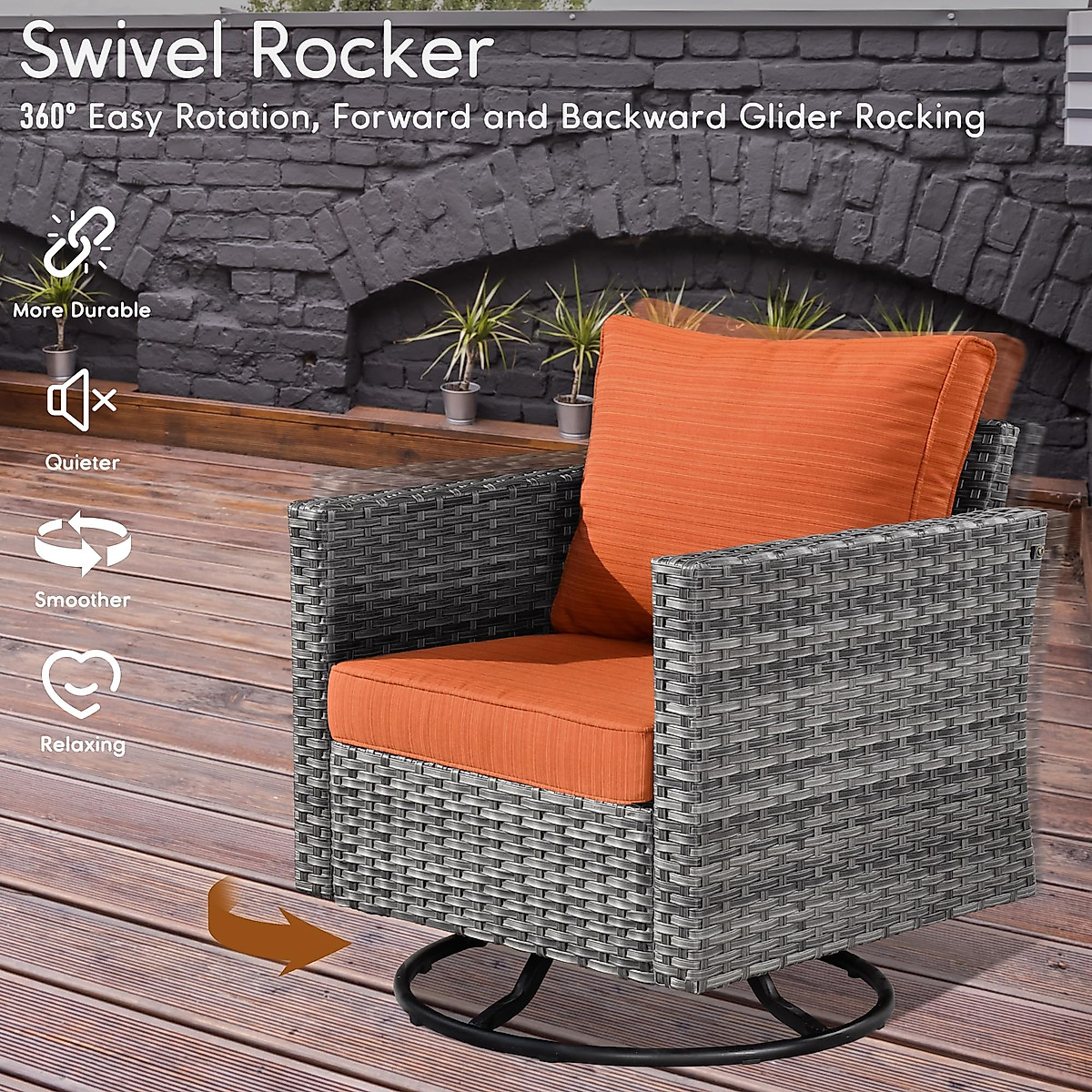 HOOOWOOO Outdoor Patio Furniture Sets 7 Pieces Patio Conversation Sets Weather Resistant Wicker Sofa Seating Set with 42" Fire Pit Swivel Rocking Chairs for 5 Persons Outside,Orange Red
