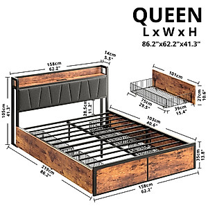 LIKIMIO Queen Bed Frame with 4 Storage Drawers, Platform Bed with Charged Headboard, Sturdy and Stable, No Noise, No Box Spring Needed, Easy to Install, Vintage Brown and Gray