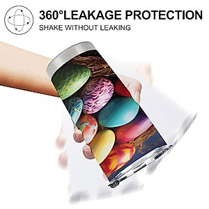 FHENMSA Reusable Plastic Water Cups with Lids,Easter Day Colorful Eggs Print Anti-overflow Cup,sports Travel Coffee Cup