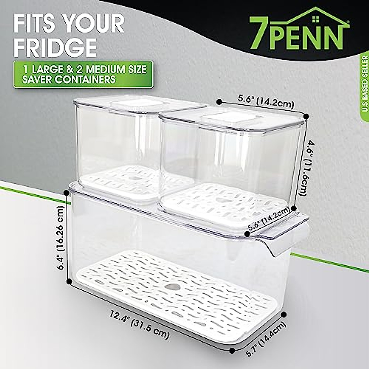 7Penn Produce Storage Containers for Refrigerator 3 Pack with Lids - Stackable Acrylic Fruit and Vegetable Keeper Bins for Fridge - Clear Stay Fresh Cube Produce Saver Set for Lettuce, Berries, Apples
