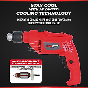 PROMAKER Corded Drill with 88 Accesories, 1/2-inch - Tool set with drill and adjustable handle,- Hammer Drill with Variable speed 0-3000 RPM - Electric drill with option to choose Drill and Hammer.