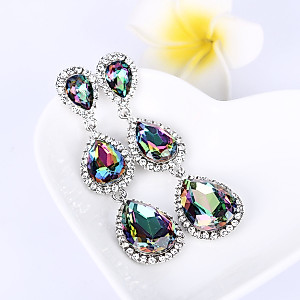 EleQueen Women's Silver-tone Austrian Crystal Tear Drop Pear Shape Long Dangle Earrings Multicolor