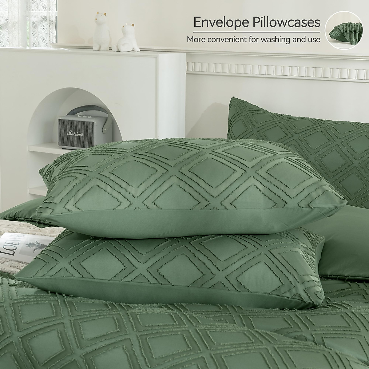 JELLYMONI Green Duvet Cover Full Size - 3 PCS Microfiber Tufted Duvet Cover Set, Boho Textured Duvet Cover Jacquard Rhombus Geometric Pattern Duvet Cover with Corner Ties & Zipper Closure