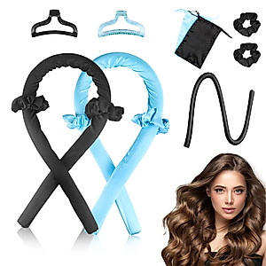 2 Pack Heatless Hair Curler - Cekaso Heatless Curls Headband For Long Hair Curls No Heat Curling Ribbon Hair Roller Kit Bow Tools You Can Sleep In Soft (black & blue)