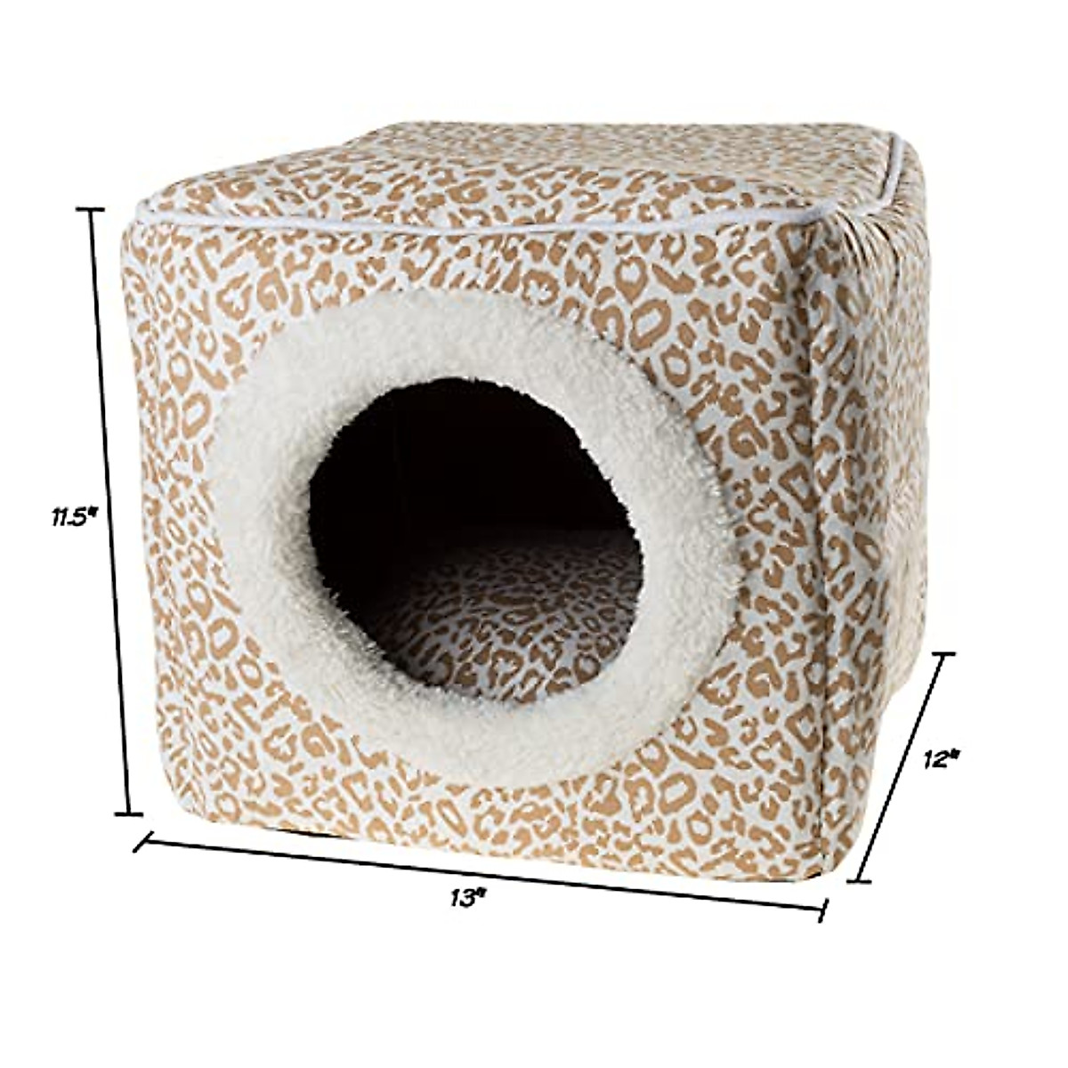 Cat Pet Bed Cave- Indoor Enclosed Covered Cavern/House for Cats Kittens and Small Pets with Removable Cushion Pad by PETMAKER, Tan/White Animal Print