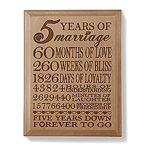 KATE POSH - 5th Anniversary Engraved Natural Wood Plaque, 5th Wedding for Her, for Him, for Couple, 5 Years of Marriage, 5 Years Together as Husband & Wife