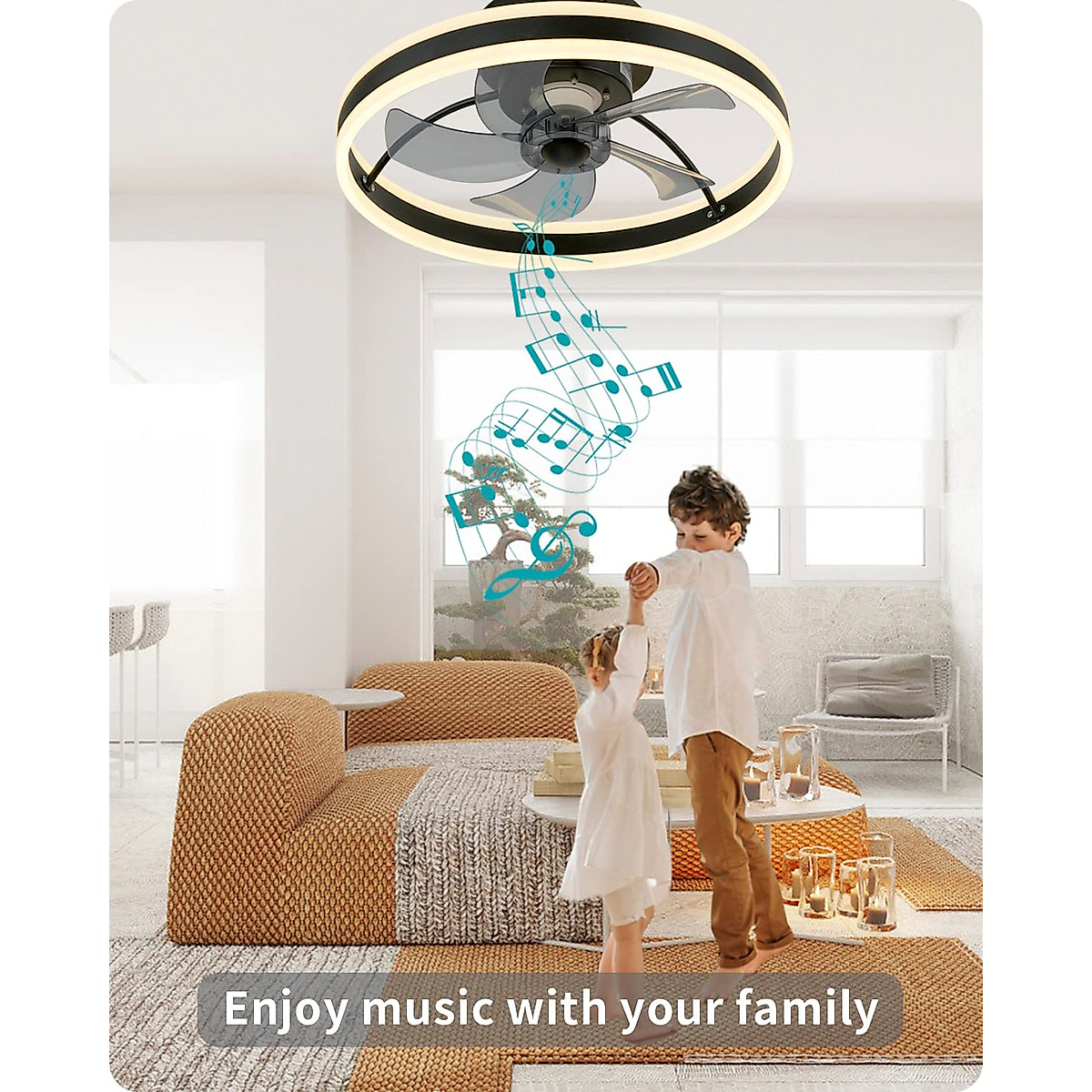 DewShrimp Low Profile Bladeless Ceiling Fan with Speaker, 19.8" Smart Fan Compatible with Alexa/Google Assistant/App Control, 6 Speed Flush Mount Dimmable LED Lights