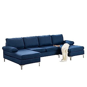 MELLCOM Modern U-Shape Sectional Sofa, Soft Linen Fabric Sectional Couch, Double Wide Chaise Lounge Couch with Modern Metal Feet for Apartment Living Room, Blue
