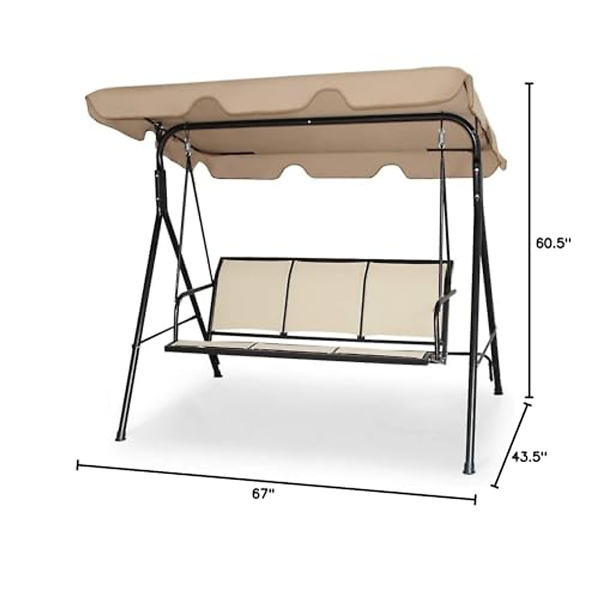GRAFFY 3-Seat Deluxe Outdoor Swing with Weather Resistant Steel Frame & Polyester Angle Adjustable Tilt Canopy, 3 Person Porch Swing, Suitable for Patio, Garden, Poolside, Balcony, Brown