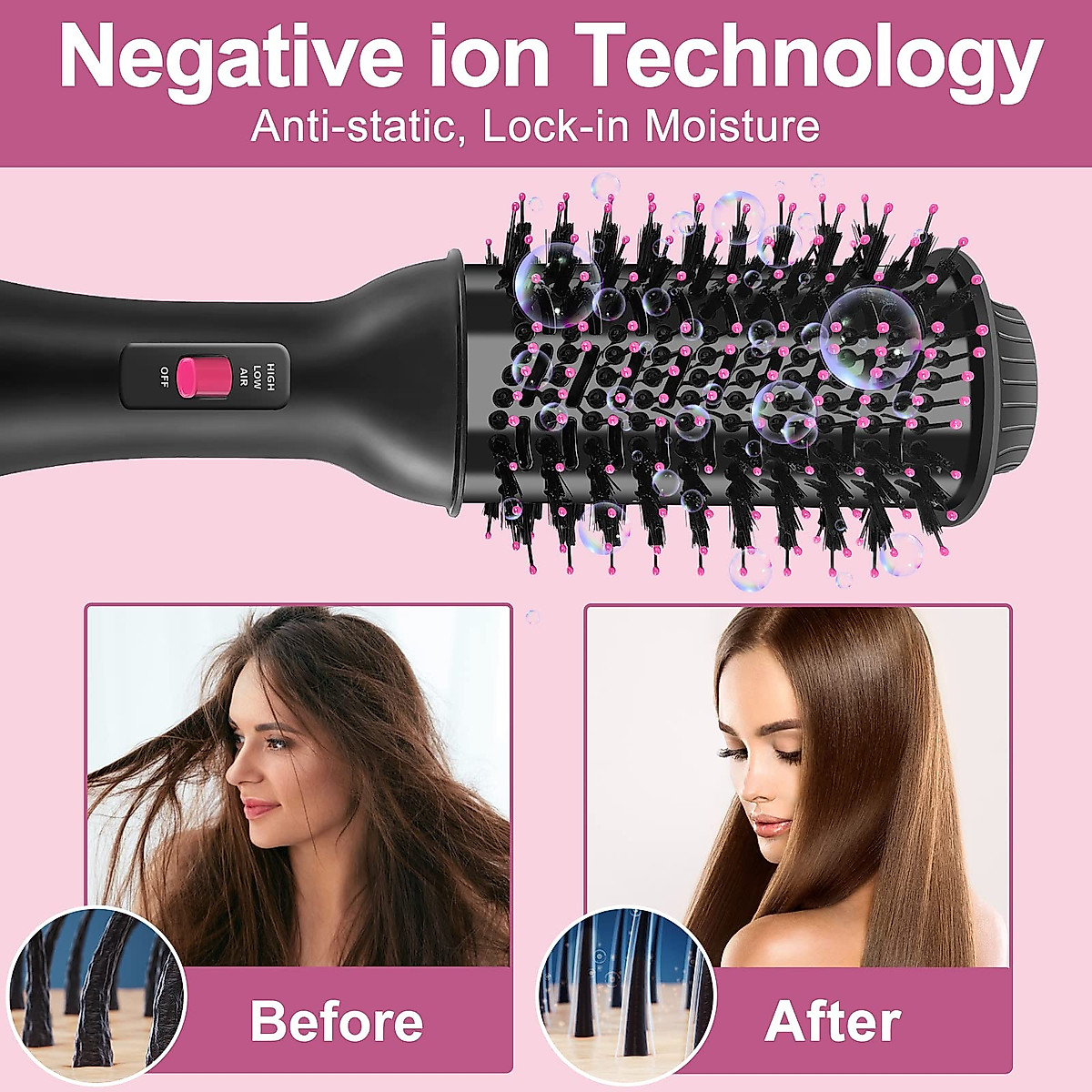PERMODEL Hair Dryer Blow Dryer Brush, One-Step Ionic Volumizer, Professional Hot Air Brush with Titanium Barrel, Styler Tools for All Hair Types. (Black Pink)