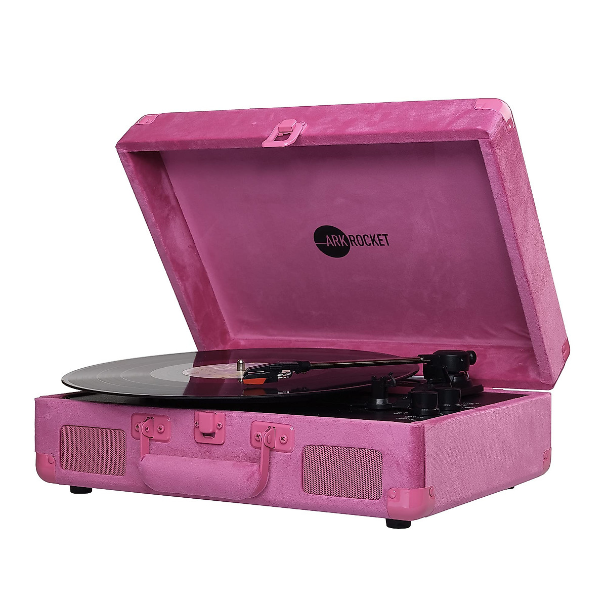 Arkrocket Curiosity Bluetooth Turntable Retro Suitcase 3-Speed Record Player with Built-in Speakers (Hot Pink Velvet)