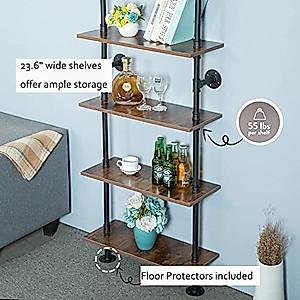 HEONITURE 5 Shelf Industrial Pipe Shelving, Black Modern Bookcase Bookshelf, Wall Mount Ladder Shelf with Metal Frame Display Selves