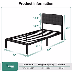Likelalaso Twin Bed Frame with Upholstered Headboard, 12 inch Twin Metal Platform Bed Frame, Steel Slat Support, Noise Free, No Box Spring Needed, Easy Assembly, Black