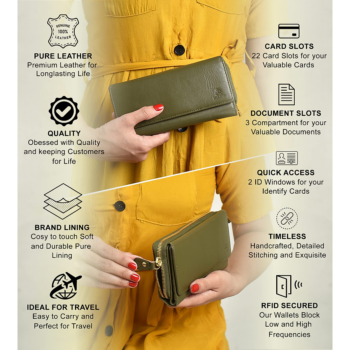 Womens Leather Wallet Rfid Blocking Zip Around Clutch 2 ID Window With 32 Slots | Real Smooth Genuine Leather Wallet | Multiple Card Holder | Compact Premium Best Handmade Gift | Olive Green