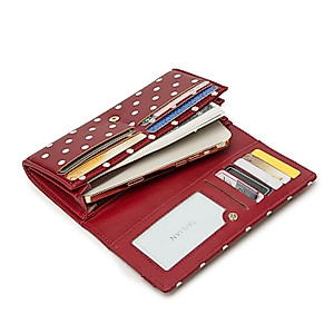 ROYALFAIR Polka Dot Wallet for Women, PU Leather Lady Purse with Cute Bowtie Card Holder Money Manager with ID Window (White Dots in Red)