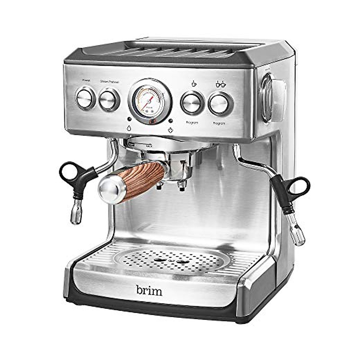 brim 19 Bar Espresso Machine, Fast Heating Cappuccino, Americano, Latte and Espresso Maker, Milk Steamer and Frother, Removable Parts for Easy Cleaning, Stainless Steel with Wood Accents