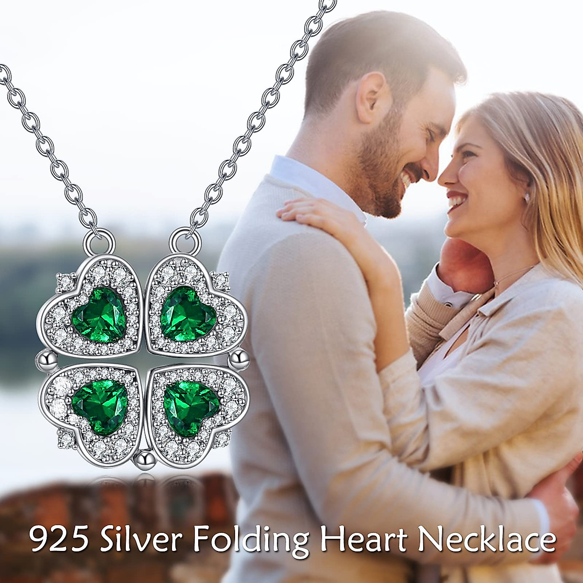 POPLYKE Sterling Silver Lucky Four Leaf Clover Necklace for Women Green Cubic Zirconia Folding Heart Love Pendant Necklace