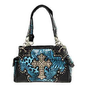 western rhinestone cross leopard concealed carry handbag with matching wallets in 3 colors (Blue)