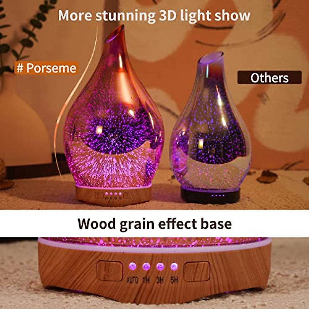 Porseme 280ml Essential Oil Diffuser, 3D Glass Aromatherapy Diffusor, Ultrasonic Cool Mist BPA Free Aroma Humidifier with Timer and Color Changing Function, Waterless Shut-Off for Home Office Room