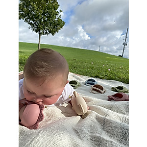 MOMMYS BABY Silicone Baby Teether Set, Anti-Drop Teething Toy, Infants chew Mitten, Pain Relief Soothing 2 in 1 | Beige Chick, Dark Pink Triceratops | Anti-Drop with Inside Handle for Easy Grip