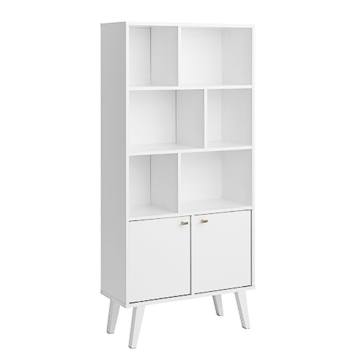 Prepac Milo Mid-Century Modern Bookcase with Six Shelves, Two Doors, and Brushed Brass-Finished Knobs