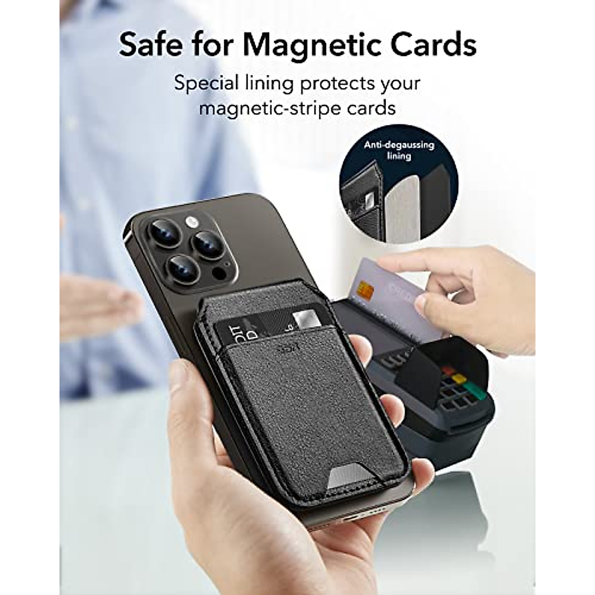 ESR MagSafe Wallet (HaloLock), iPhone Wallet with Adjustable Stand, Magnetic Wallet for iPhone 14/13/12 Series, Not for iPhone 13/12 mini, 3 Card Holder, MagSafe Accessories, Vegan Leather, Black