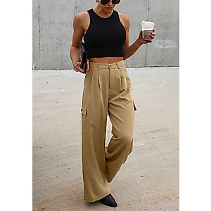 Dokotoo Cargo Pants Women High Waisted Baggy Business Casual Work Petite Pants Wide Leg Dress Pants 4 Pockets Trouser Khaki Plaid Loose 2024 Fall Fashion Clothing