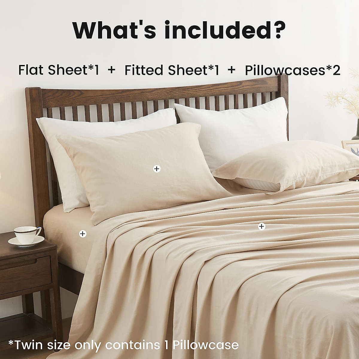 Simple&Opulence Belgian Linen Sheet Set Solid Color - 3 Pieces (1 Flat Sheet, 1 Fitted Sheet & 1 Pillowcase) Natural Flax Cotton Blend Soft Breathable Farmhouse Bedding - Twin Size, Linen/Beige