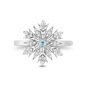 Jewelili Enchanted Disney Fine Jewelry Sterling Silver with 1/4 CTTW Diamonds and Sky Blue Topaz Elsa Snowflake Ring Size 8