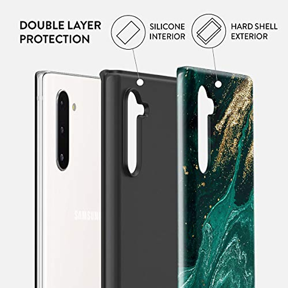 BURGA Phone Case Compatible With Samsung Galaxy Note 10 - Hybrid 2-Layer Hard Shell + Silicone Protective Case -Emerald Green Jade Stone Luxury Gold Glitter Marble - Scratch-Resistant Shockproof Cover