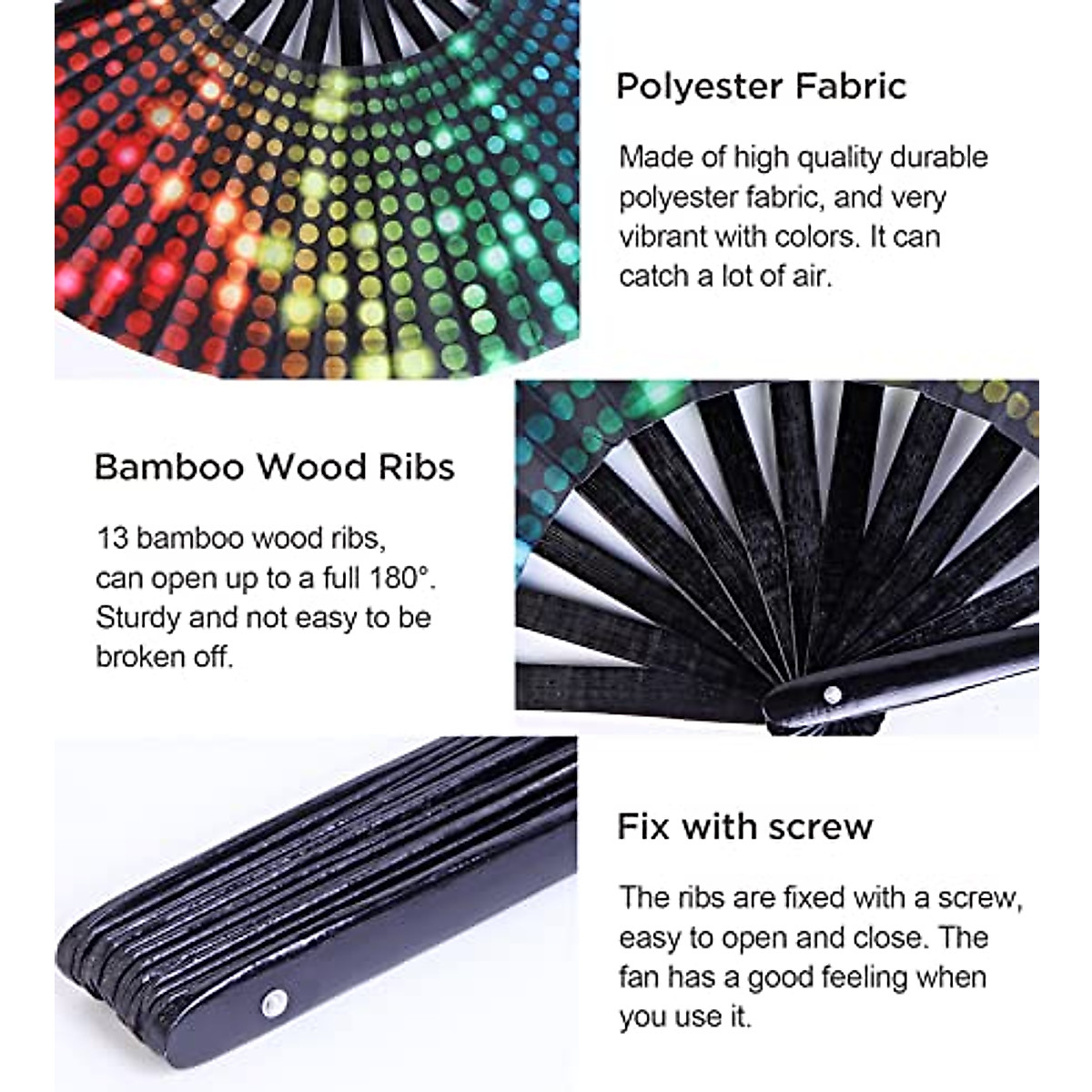 Gionforsy 2pcs Rave Hand Fan Bamboo Holding Hand Fan Large Folding Fan with Bright Color Fabric Folding Fan for Festival (Style-1)