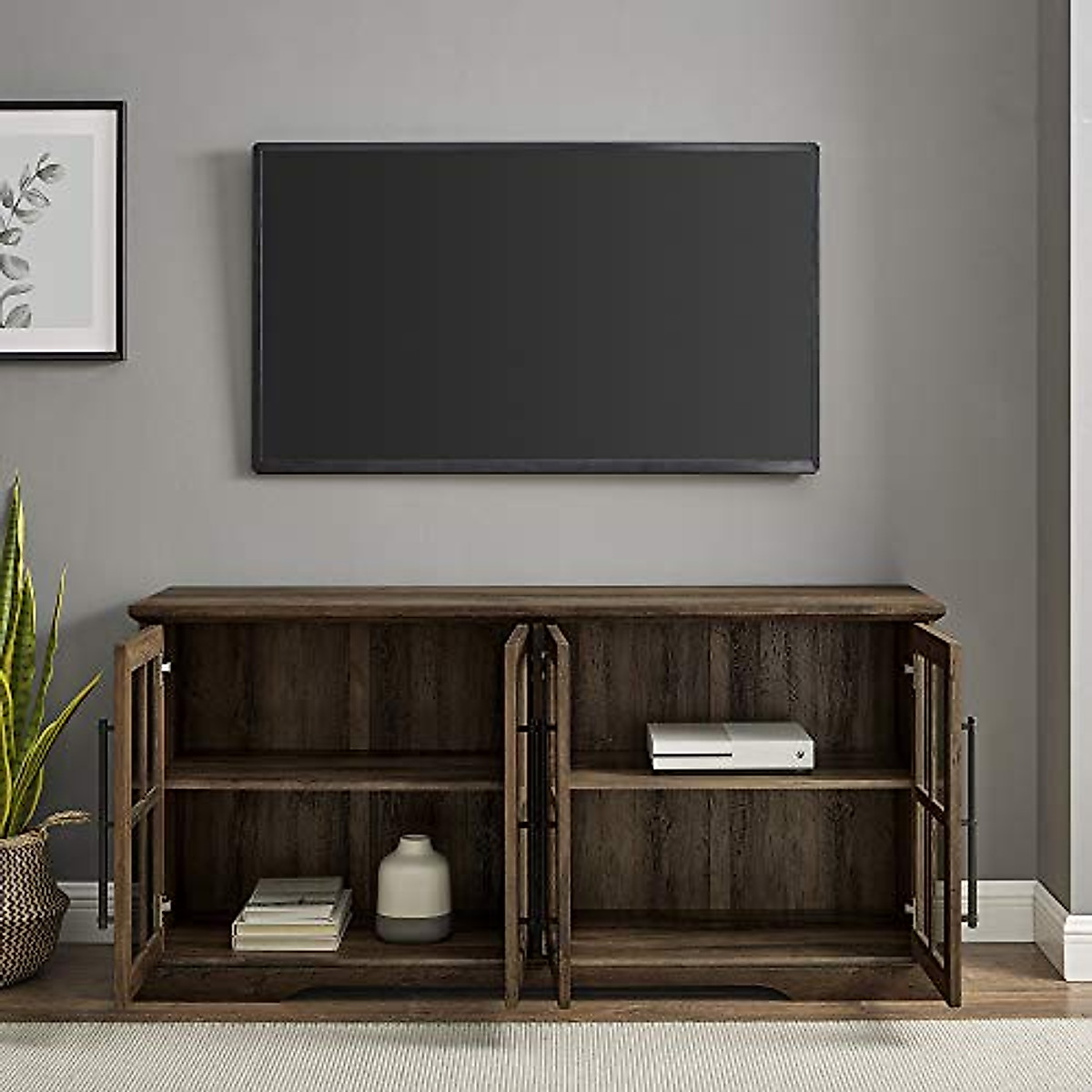 Walker Edison Farmhouse Barn Glass Door Wood Universal TV Stand for TV's up to 64" Flat Screen Living Room Storage Cabinet Doors and Shelves Entertainment Center, 58 Inch, Rustic Oak