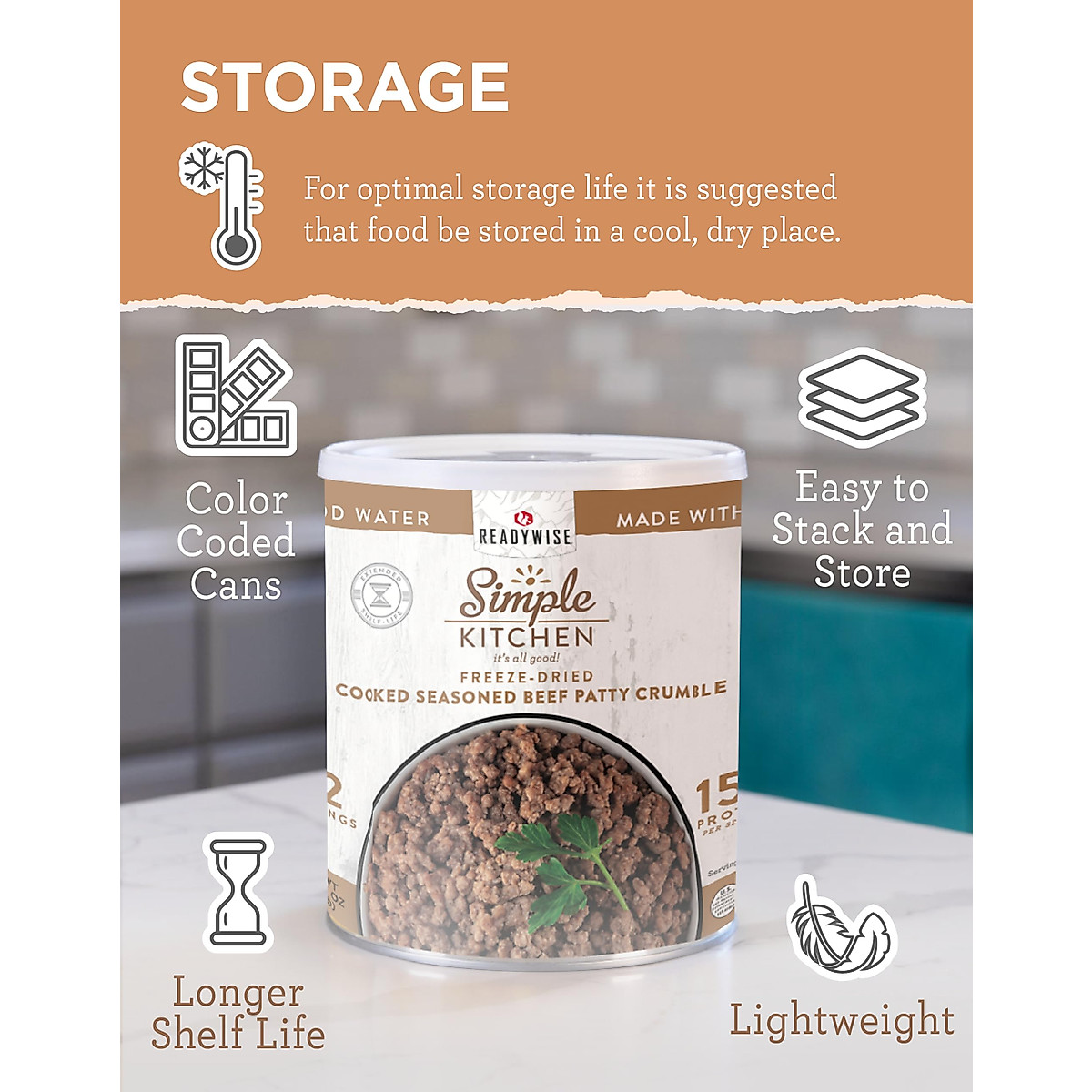 READYWISE - Simple Kitchen, Seasoned Ground Beef Crumbles, 22 Servings, MRE, Emergency Food Supply, Freeze Dried Meat, Freeze Dried Food, Canned Food, Ground Beef, Camping, Survival Food, 10 Can