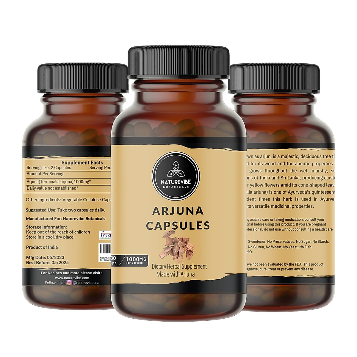 Naturevibe Botanicals Arjuna Capsules Premium 180 Veg Capsules | 1000mg Per Serving | Traditional Supplement | Made with Pure Herb Arjuna Powder