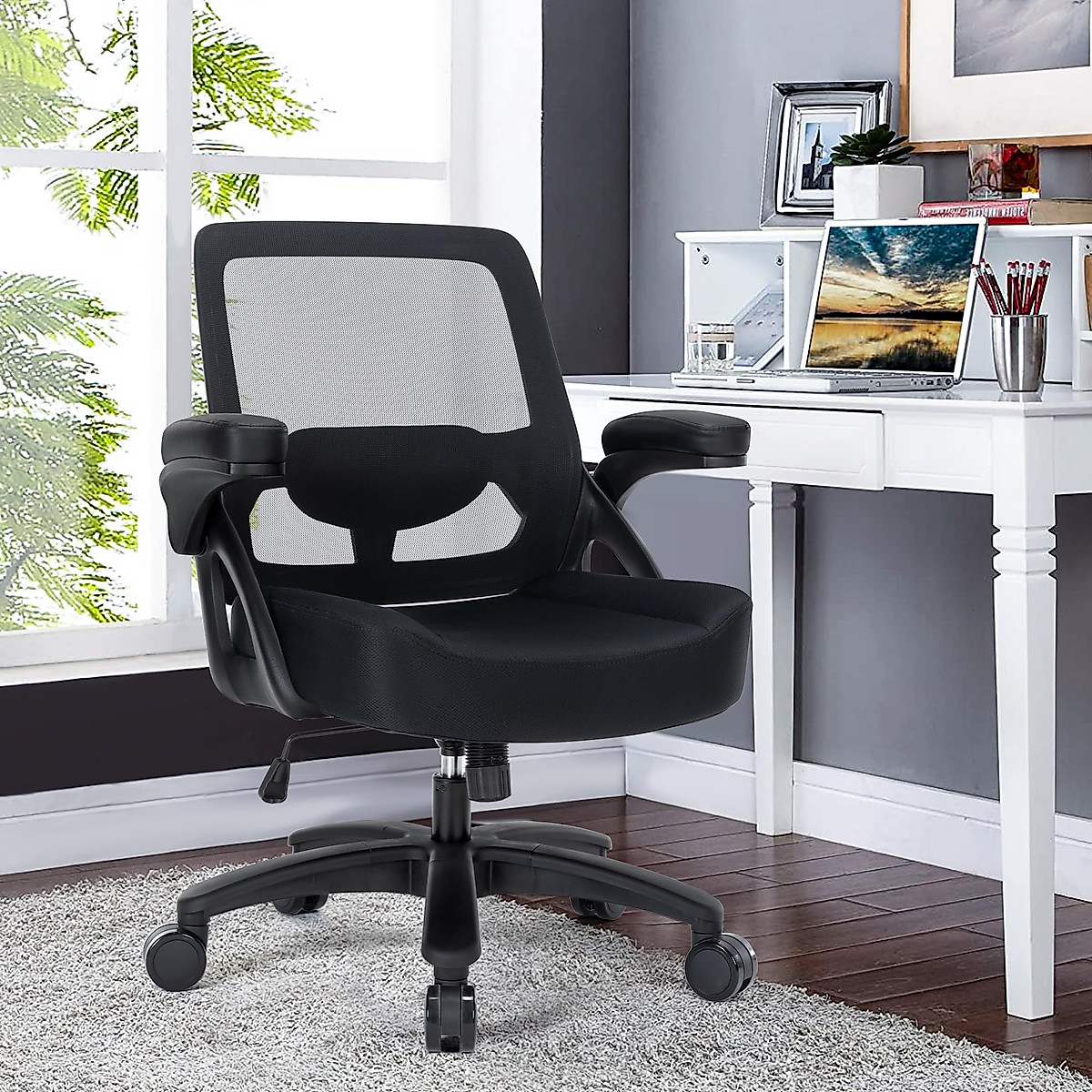 400lb Big and Tall Office Chair, Ergonomic Mesh Desk Chair with Flip Arms,Heavy Duty Home Office Desk Chair, Wide Seat Computer Chair for Heavy People, Executive Rolling Swivel Task Chair for Adults