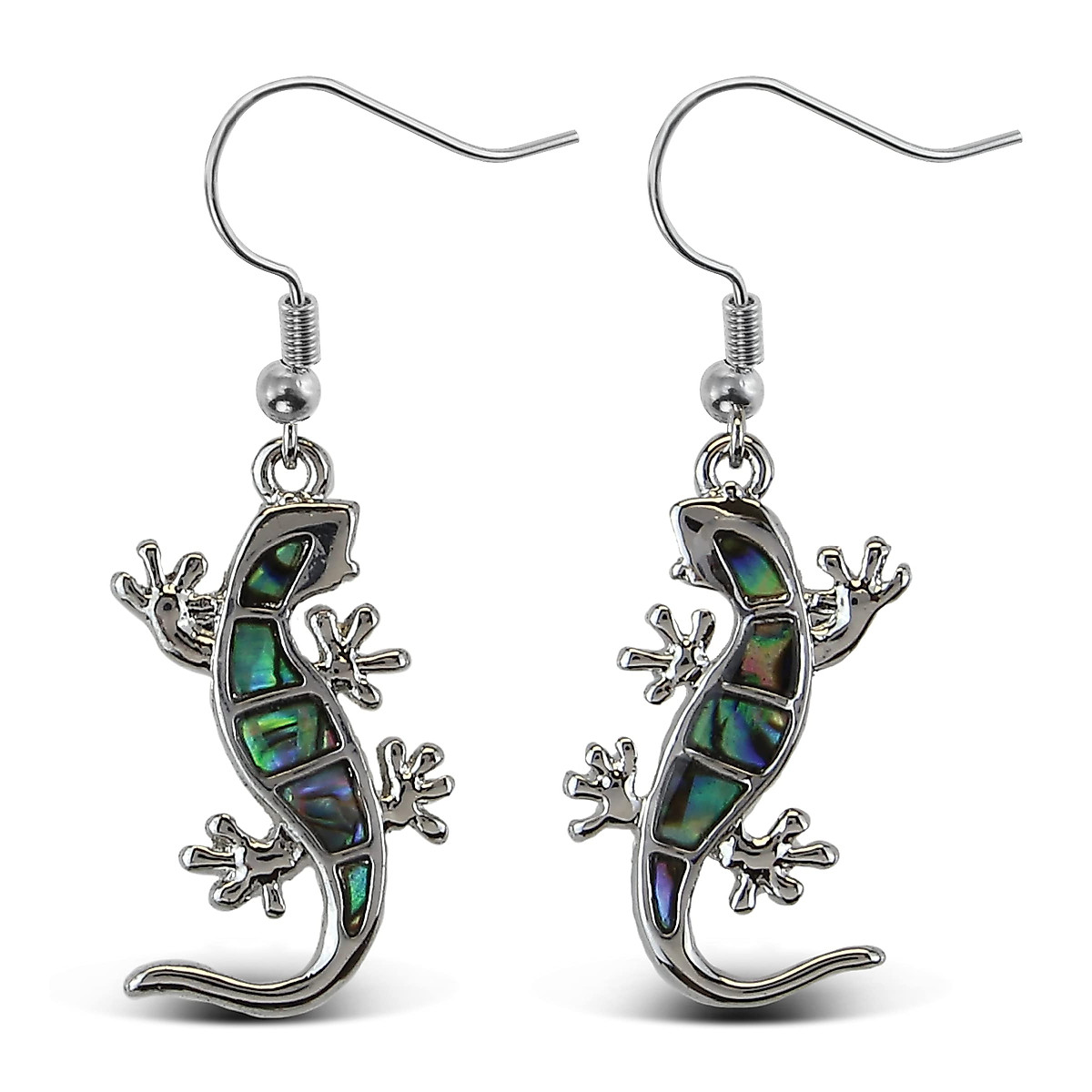 Aqua79 Gecko Earrings Jewelry - Authentic Dangle Hook Earrings Made with Natural Paua Abalone Shell - Unique Colorful Jewel For Women & Teens For Daily, Casual & Formal Occasions