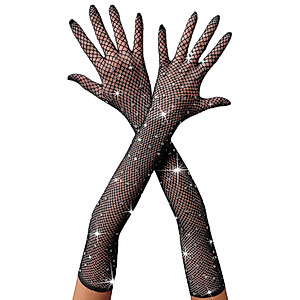 RSLOVE Women Lingerie Fishnet Gloves with Sparkle Rhinestone Mesh Long Gloves Black