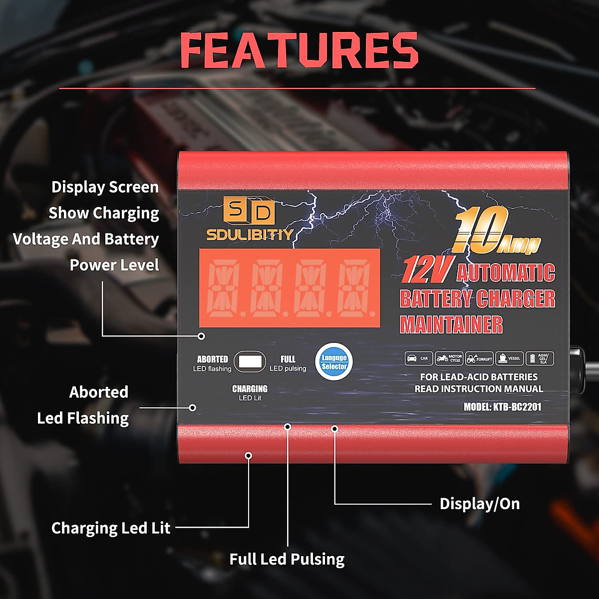 10A Fully-Automatic Smart Charger | 12V Automotive Car Battery Charger | Trickle Battery Charger Maintainer for Car Truck Motorcycle Lawn Mower Boat Marine Lead Acid Batteries
