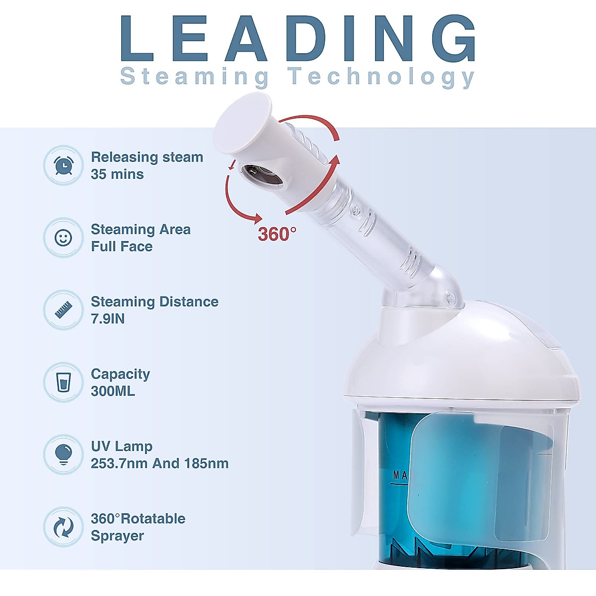 DYB Portable Facial Steamer, Nano Ionic Face Steamer with 360°Rotatable Sprayer,Mini Facial Steamer for Salon and Spa,1 Piece Headband and 4 Pieces Steel Skin Kits.