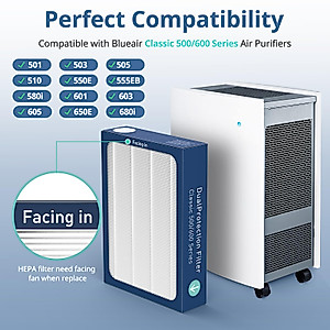 3 Pack True HEPA Filter Replacement Compatible with Blueair Classic 500/600 Series Air Purifiers 501, 503, 505, 510, 550E, 555EB, 580i, 601, 605,680i, Dual Protection Filter