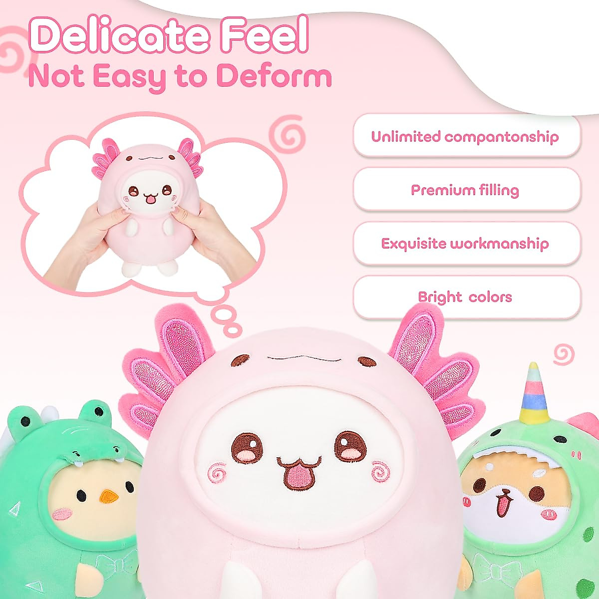 Mikchocho Cute Plush Axolotl Cat Stuffed Animal Pillow, 8" Soft Kawaii Kitten Plushie with Pink Axolotl Salamander Outfit Gift for Kids