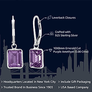 Gem Stone King 5.00 Cttw 925 Sterling Silver Purple Amethyst Earrings | Gemstone Birthstone | Emerald Cut 10X8MM | Drop Dangle Earrings for Women