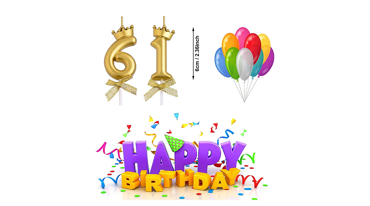 VSHILI 61st Birthday Candles - Elegant Gold Cake Toppers for 61 Year Olds
