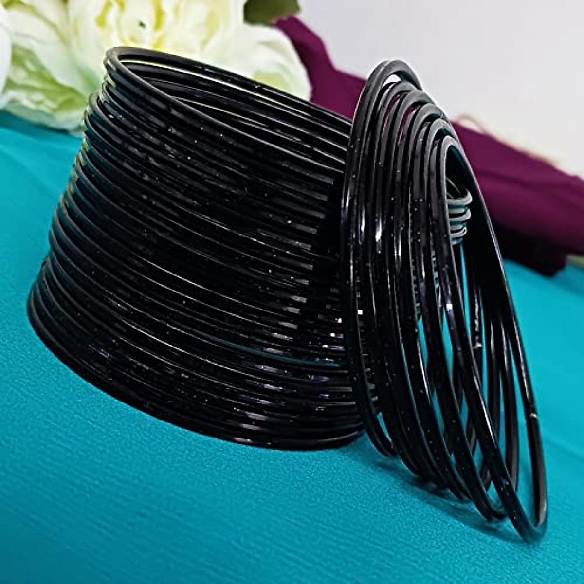 Efulgenz Indian Wedding Bangles Set Glossy Black Bangles Bollywood Plain Metal Bangle Bracelets Bridal Bangle Set for Women (24 Pcs) Size 2.4