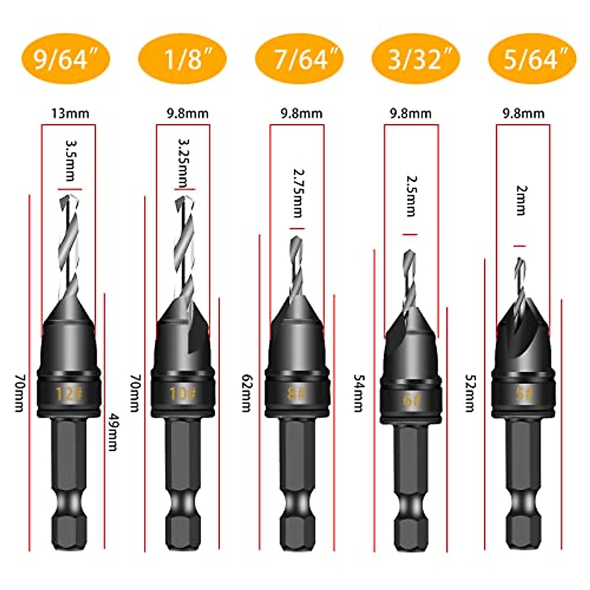 11 Pcs 82° Countersink Drill Bit Set #5, 6, 8, 10, 12 with 5 Replacement Dril bits and 1 Wrench, 3/8" Quick-Change -Chamfered Adjustable Drilling Tool Kit on Pilot Counter Sink Holes for Woodworking