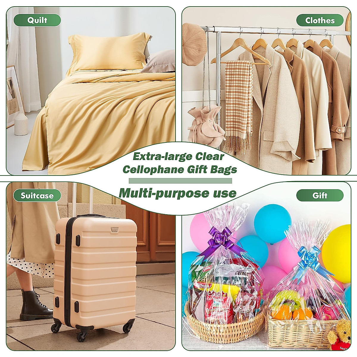 50 Packs Large Cellophane Bags 24" x 30" Clear Cellophane Gift Basket Wraps Extra-large 2.3 Mil Thick Clear Cello Bags for Fruit Basket, Gift Wrap, Treats, Arts and Crafts, 50ct Ribbon Bows