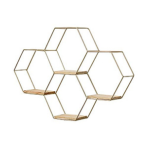 Bluelanss Hexagonal Floating Shelves Wall Mounted Shelf, Rustic Shelves, Metal for Bedroom,Bathroom,Living Room,Kitchen,Home Office, Plant Holder Flower Pot Planter Stand Home Decor Gold M