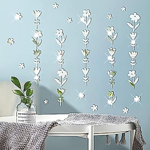 3D Flower Mirror Wall Sticker Floral Wall Stickers for Girls Bedroom Removable Silver Acrylic Mirror Wall Stickers Peel and Stick Wall Decals Art Mural for Living Room Bathroom Classroom Decor